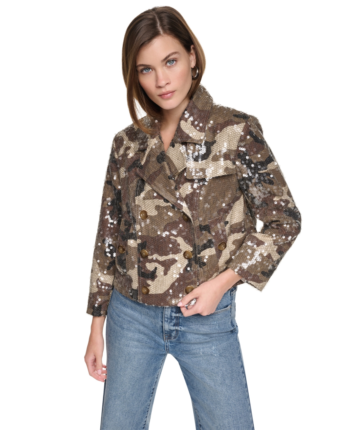 Click here for Dkny Jeans Womens Sequin Double Breasted Button Fr... prices