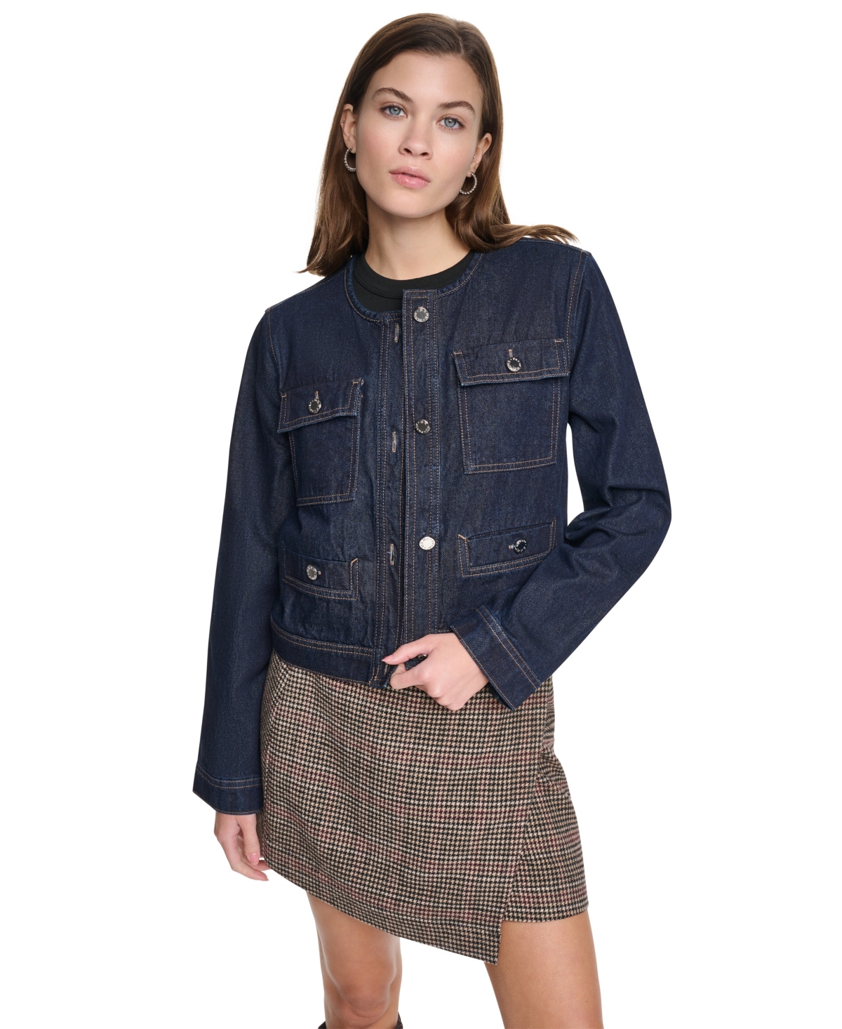 Click here for Dkny Jeans Womens Mixed Media Crewneck Denim Jacke... prices