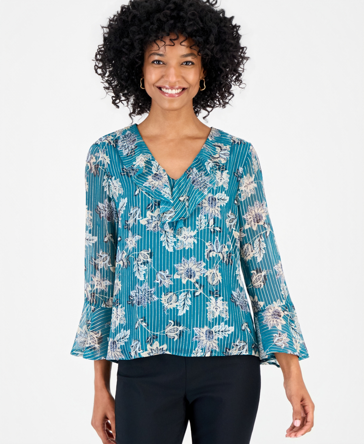 Click here for Jm Collection Womens Printed V-Neck Bell Sleeves B... prices