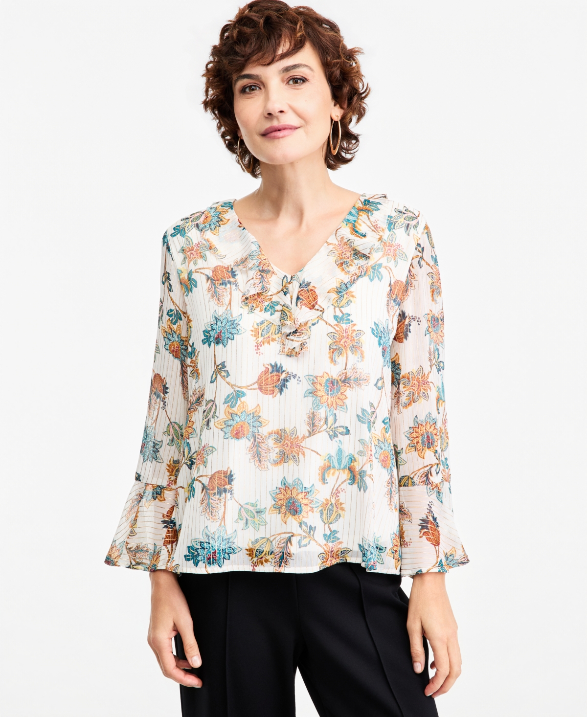 Click here for Jm Collection Womens Printed V-Neck Bell Sleeves B... prices