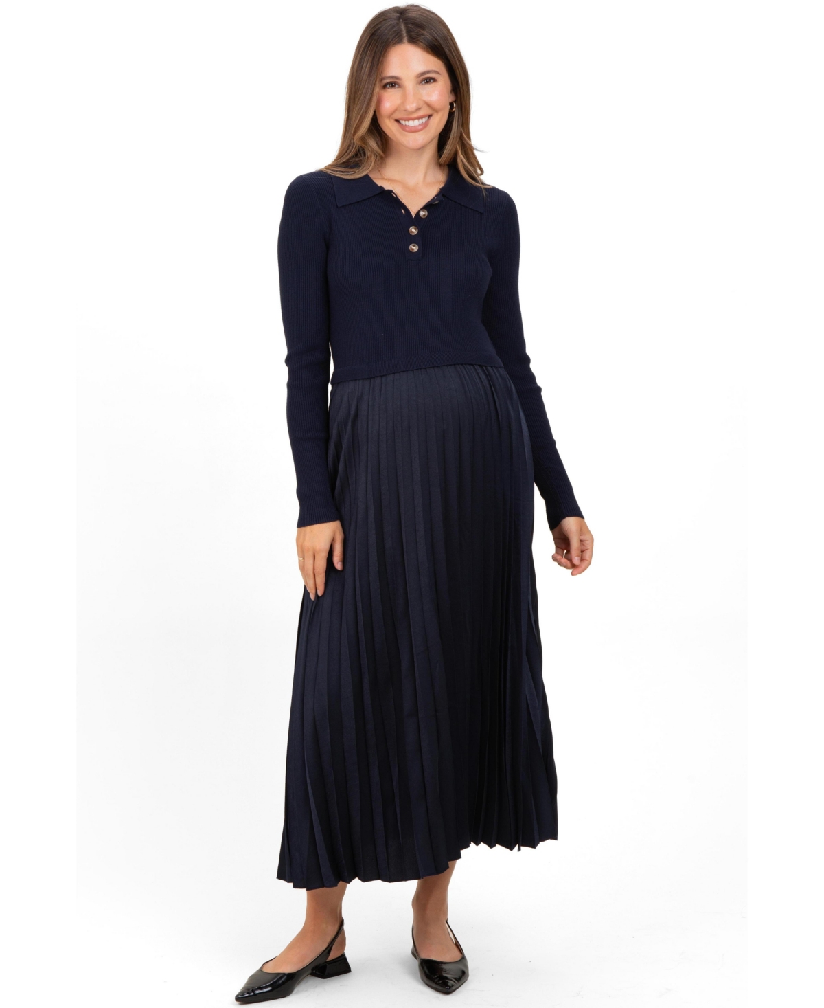 Click here for Pinkblush Womens Navy Collared Knit Contrast Pleat... prices