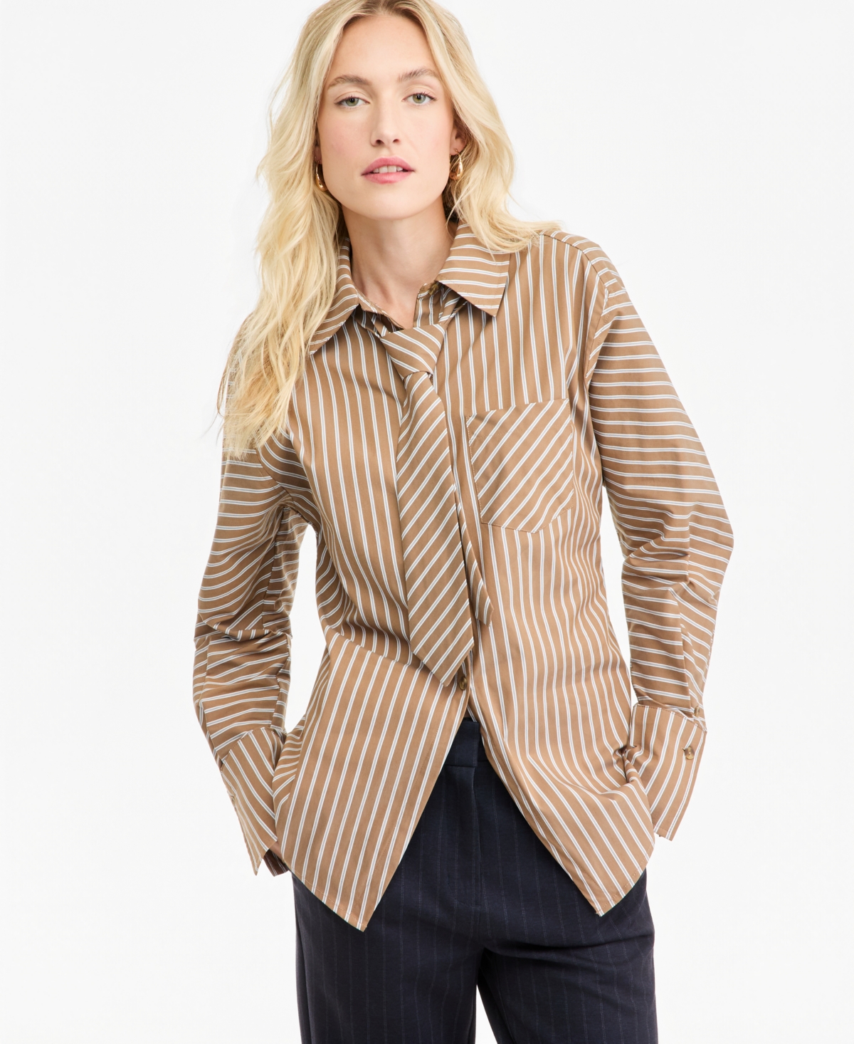 Click here for Bar Iii Womens Collared Striped Poplin Tie Shirt... prices