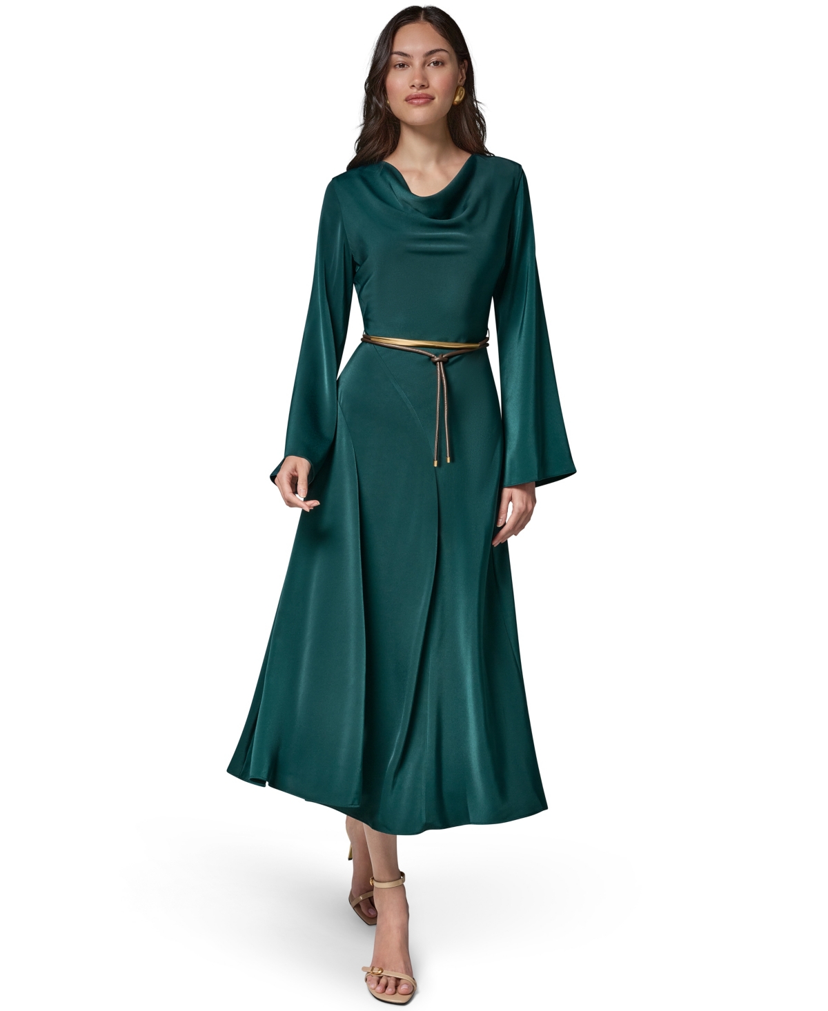 Click here for Satin Long Sleeve Cowl Neck Belted A-Line Dress -... prices