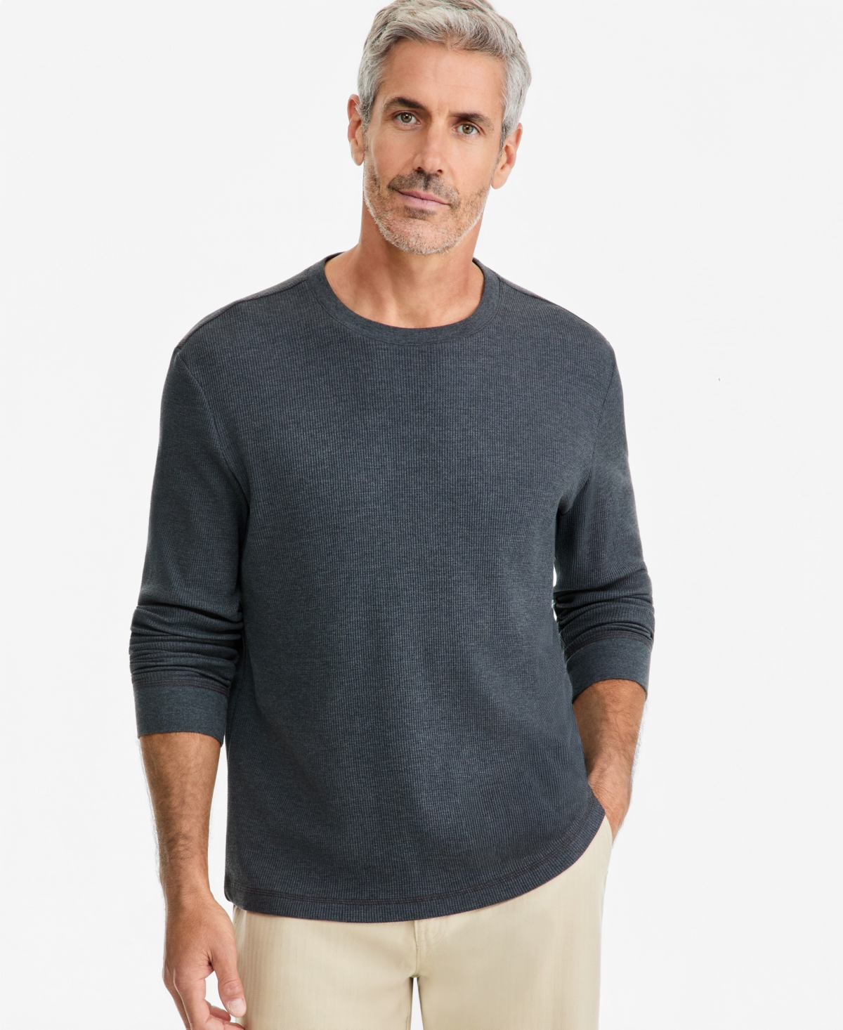 Club Room Mens Thermal Long-Sleeve Ribbed Crewneck Sweater  Created for Macys - Dark Lead Opd