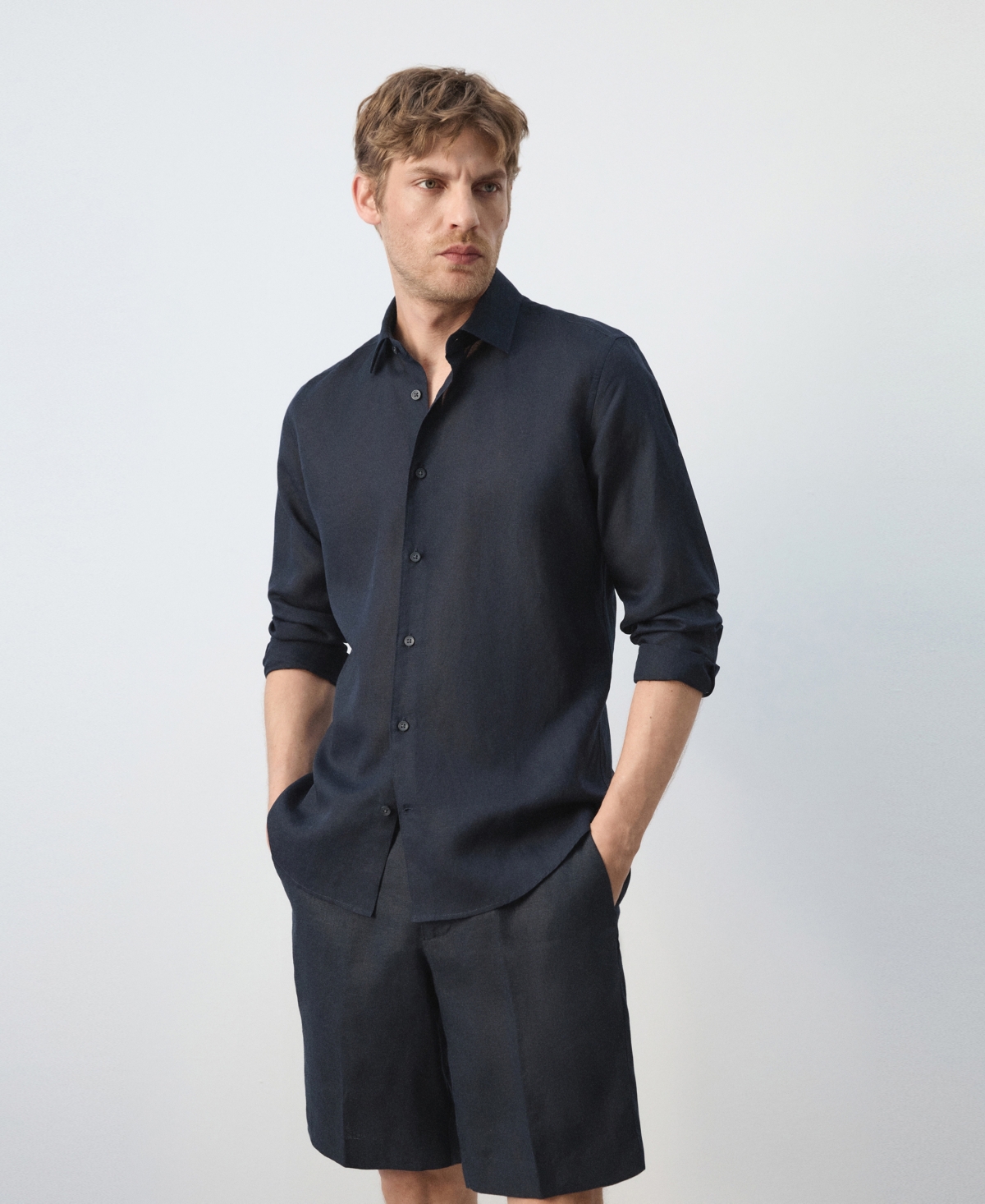 Click here for Mango Mens Regular-Fit Linen-Lyocell Shirt - Dark... prices