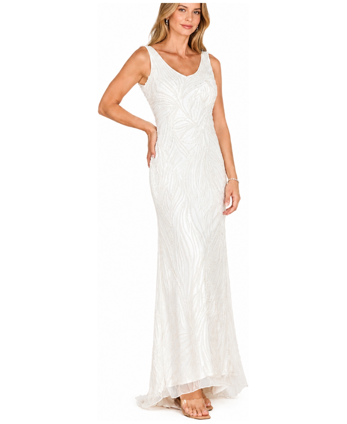 Click here for Lara Womens Beaded Cowl-Back Draped Wedding Gown -... prices