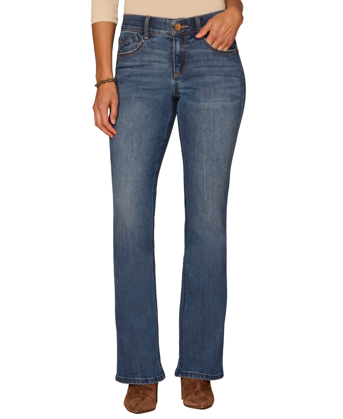 Click here for Democracy Petite Mid-Rise Bootcut Jeans - Blue Art... prices