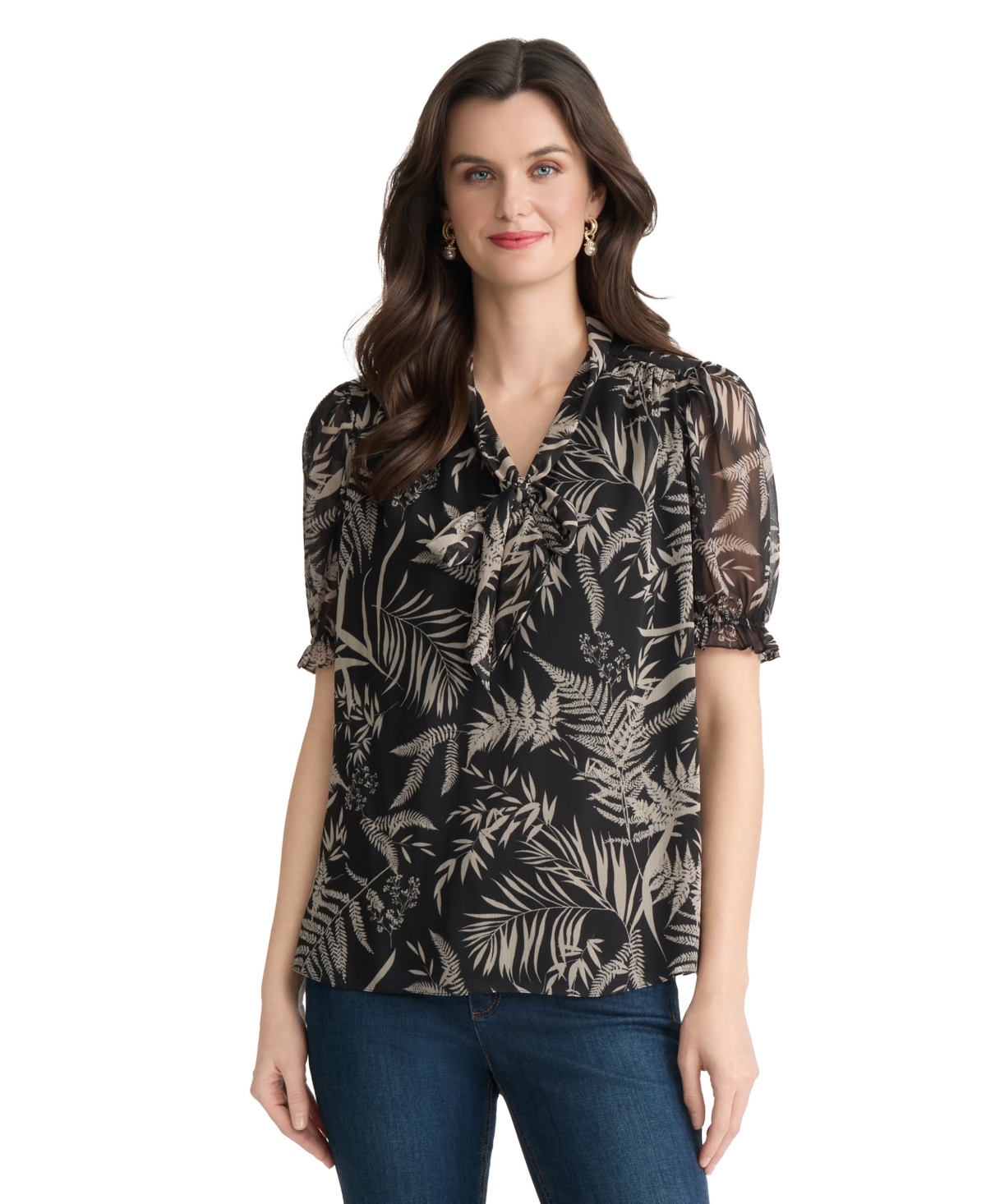 Click here for Jones New York Womens Tie-Neck Puff-Sleeve Top - J... prices