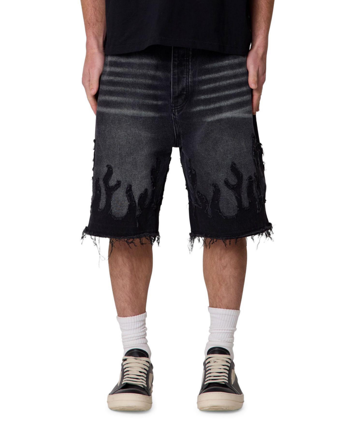 Click here for mnml Mens Baggy Flame Denim Shorts - Black prices