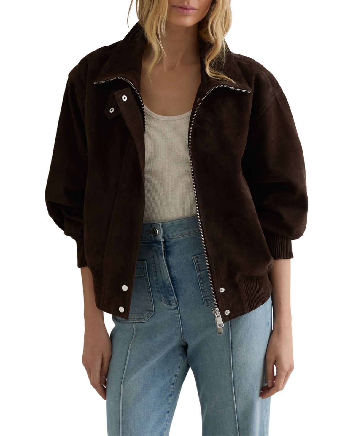 Click here for Reiss Petite Cara Funnel-Neck Bomber Jacket - Choc... prices