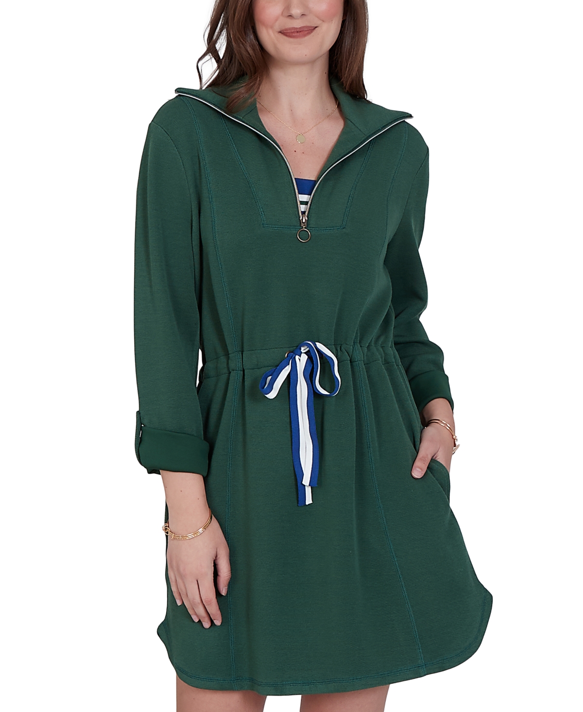 Click here for Ruby Rd. Petite Stripe Trim Drawstring Waist Dress... prices