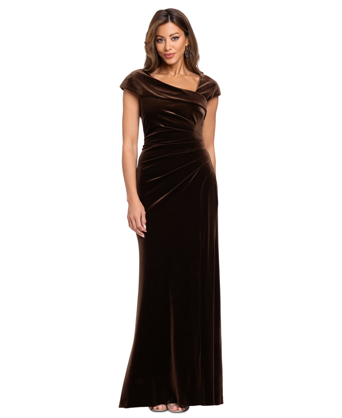 Click here for Xscape Womens Asymmetrical Neck Cap Sleeve Velvet... prices