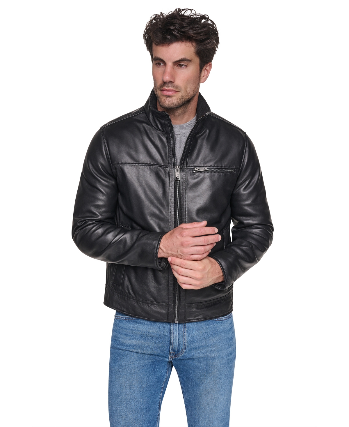 Click here for Marc New York Mens Fur Lined Leather Jacket - Blac... prices
