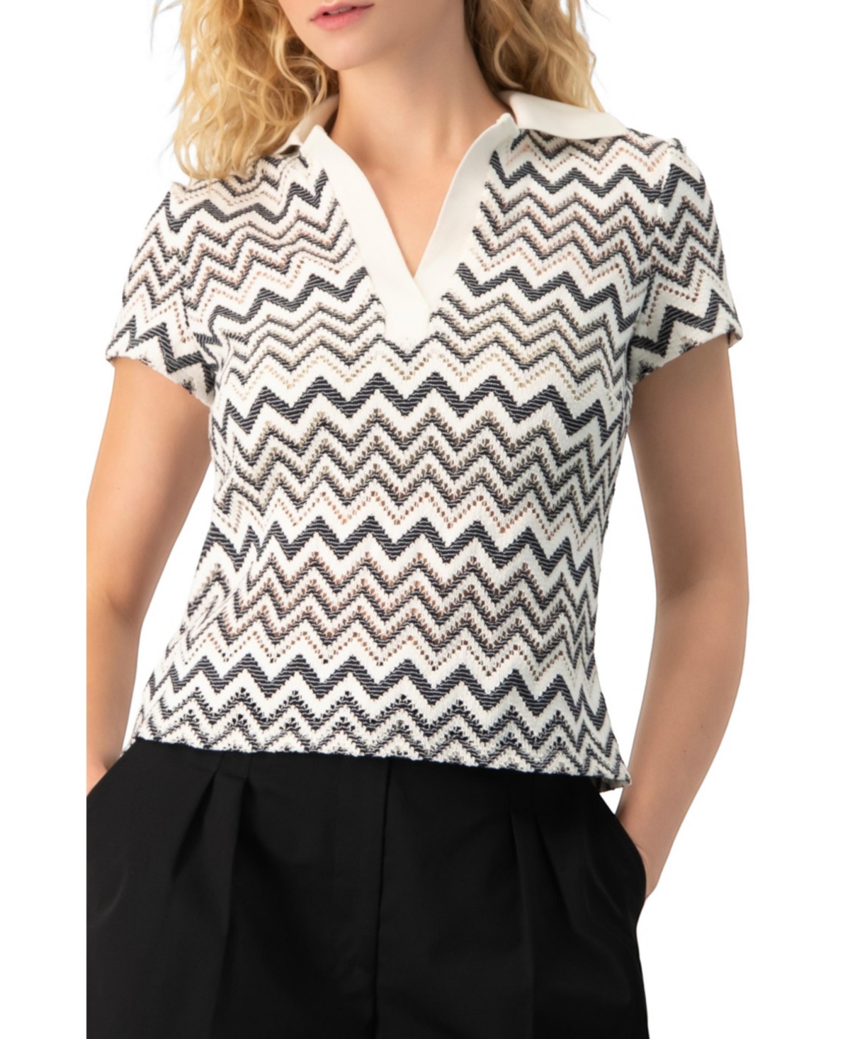 Click here for Ivonne Womens Chevron Knit Collared Polo Blouse -... prices