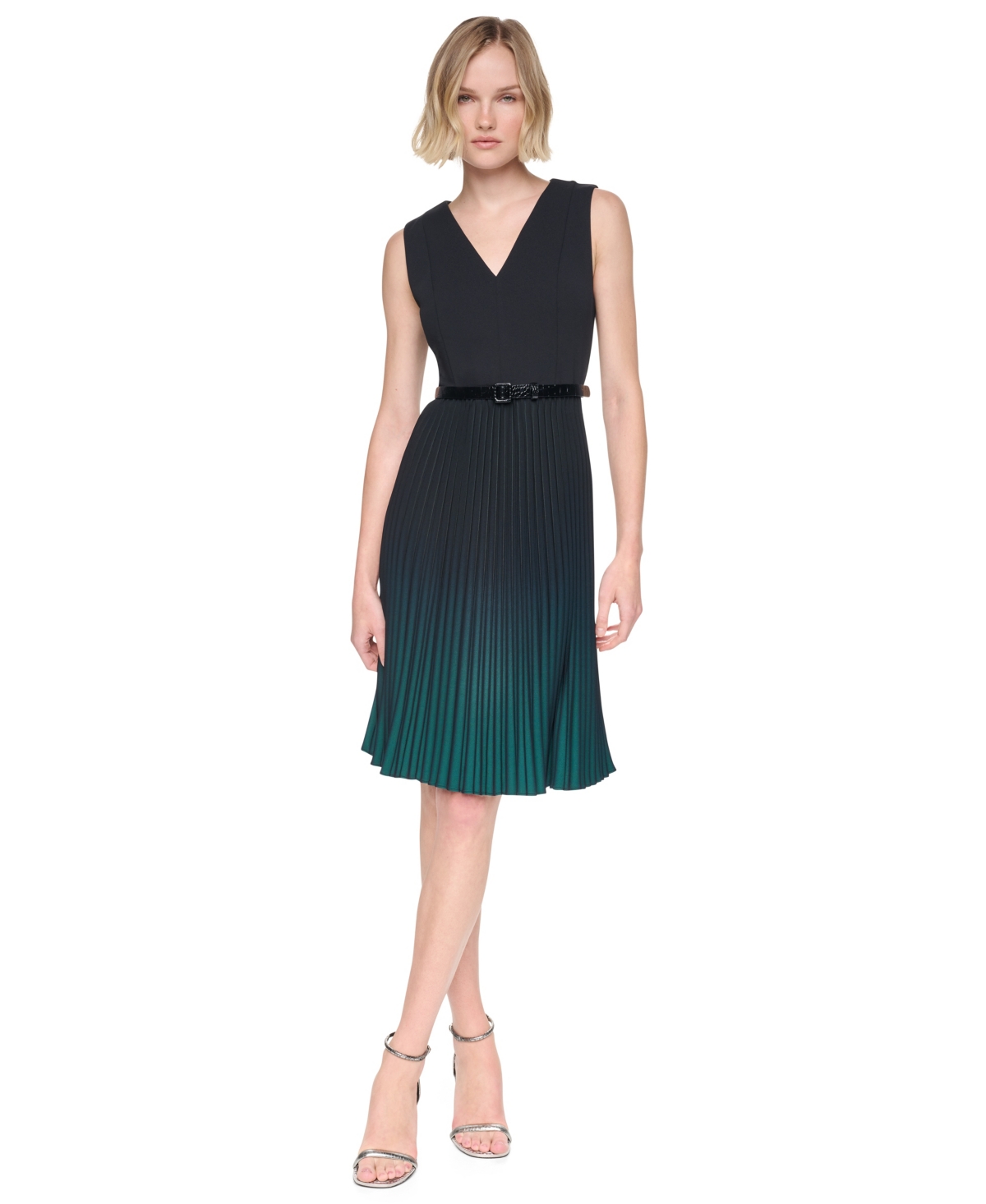 Click here for Dkny Womens Sleeveless V-Neck Ombre Pleated Dress... prices