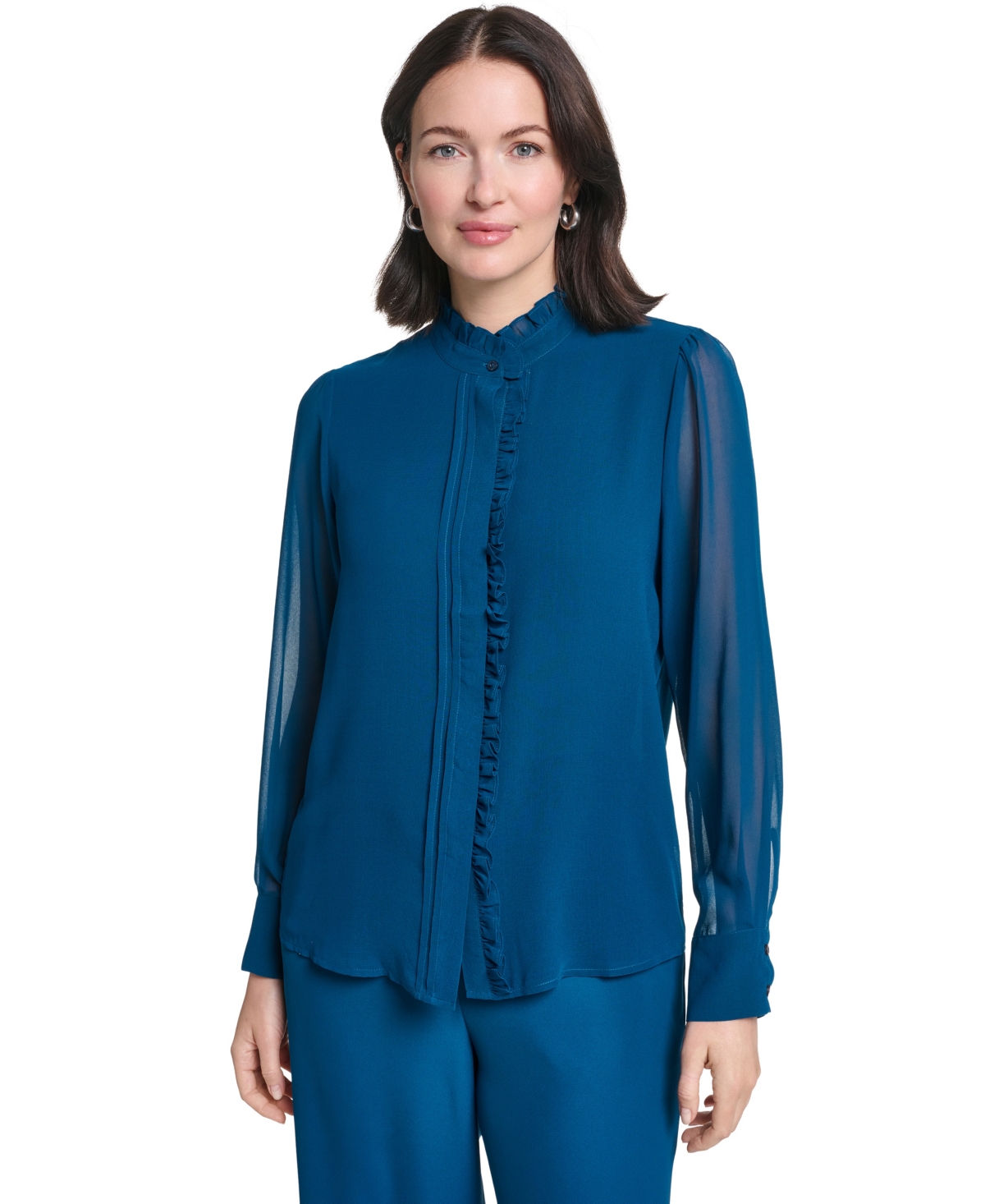 Click here for Calvin Klein Womens Long-Sleeve Ruffle Front Mock... prices