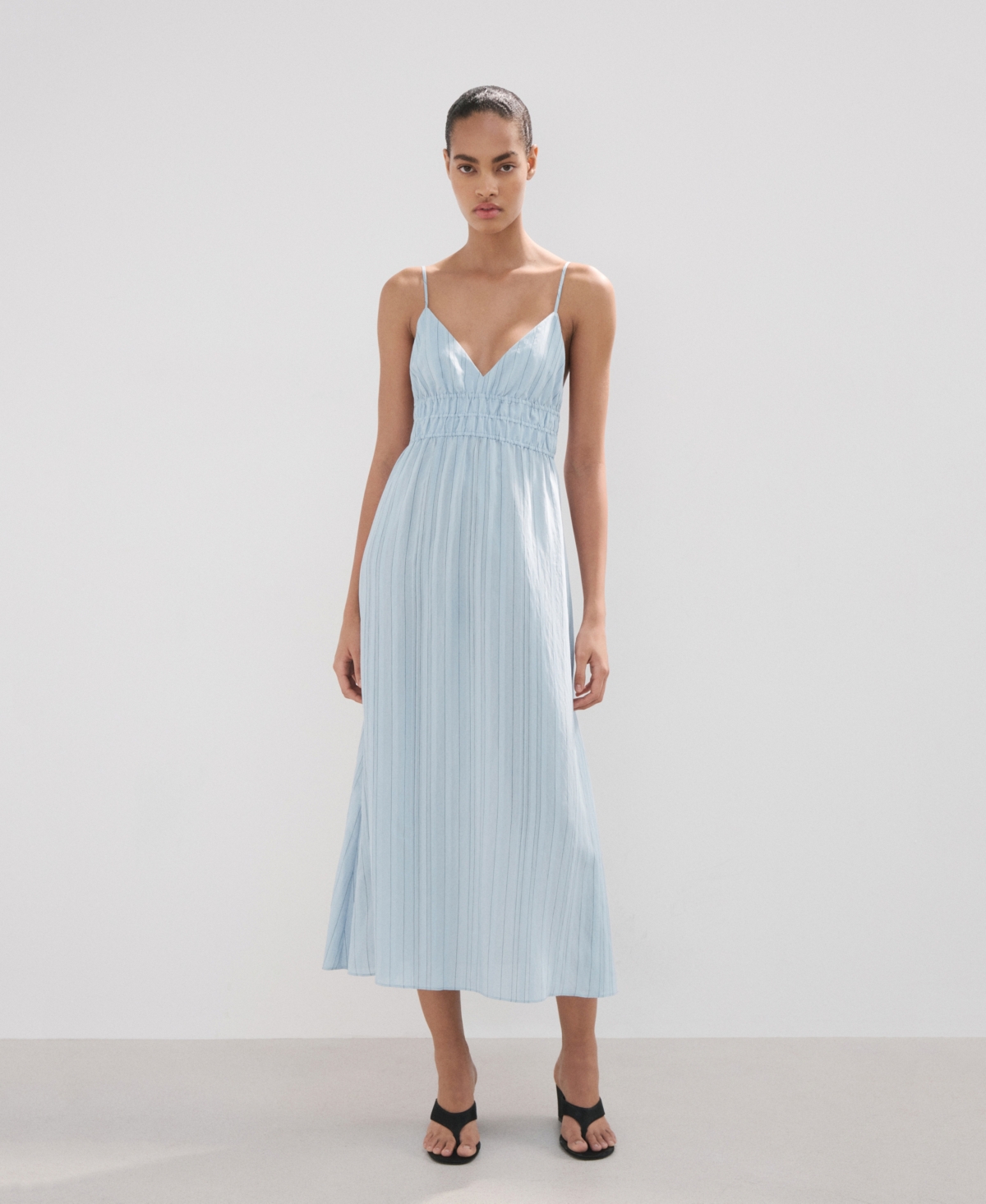 Click here for Mango Womens Striped Midi Gathered Dress - Sky Blu... prices