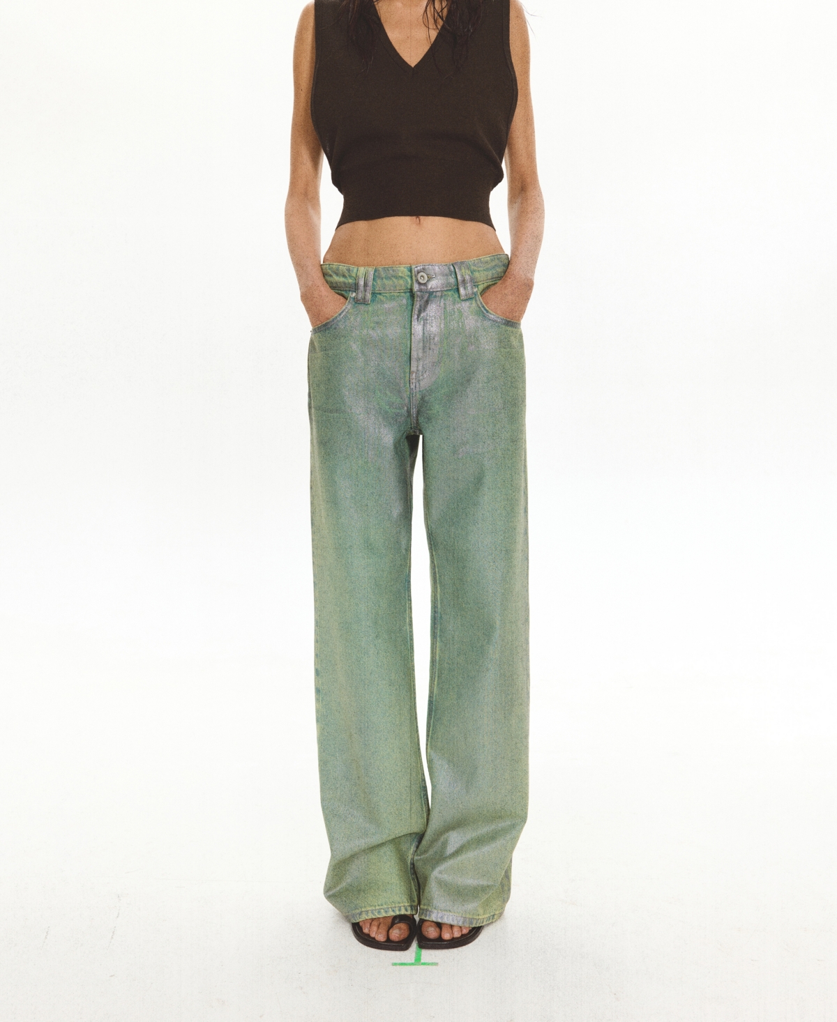 Click here for Mango Womens Low-Rise Straight Foil Jeans - Green prices