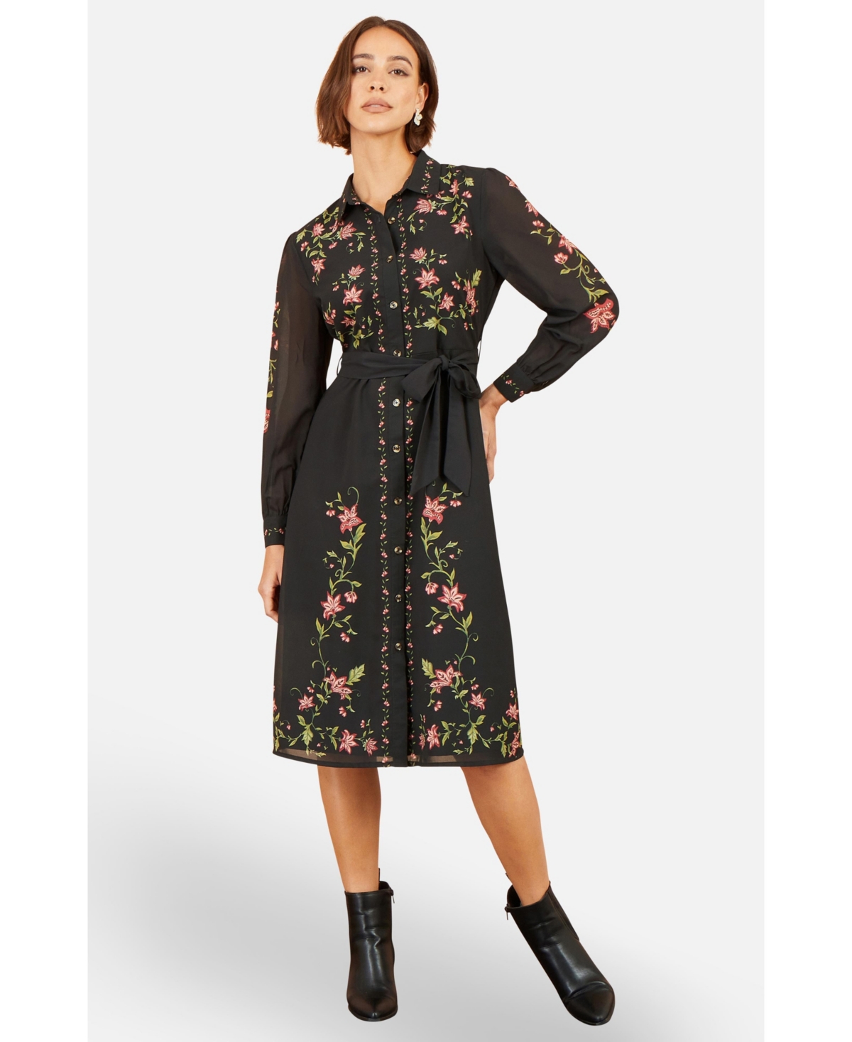 Click here for Yumi Womens Floral Placement Midi Shirt Dress - Bl... prices