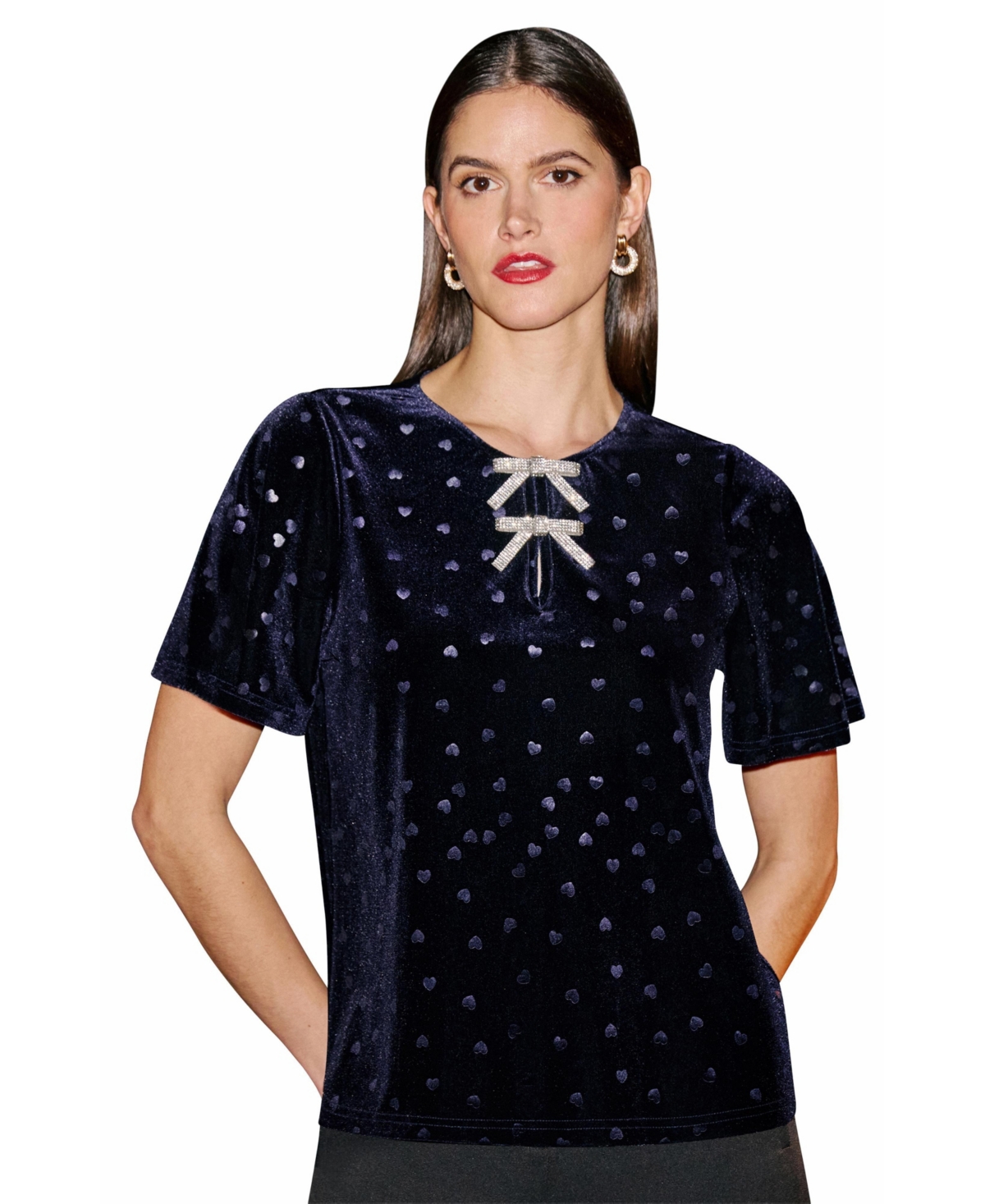 Click here for Yumi Womens Velvet Heart and Bow Detail Top - Navy prices