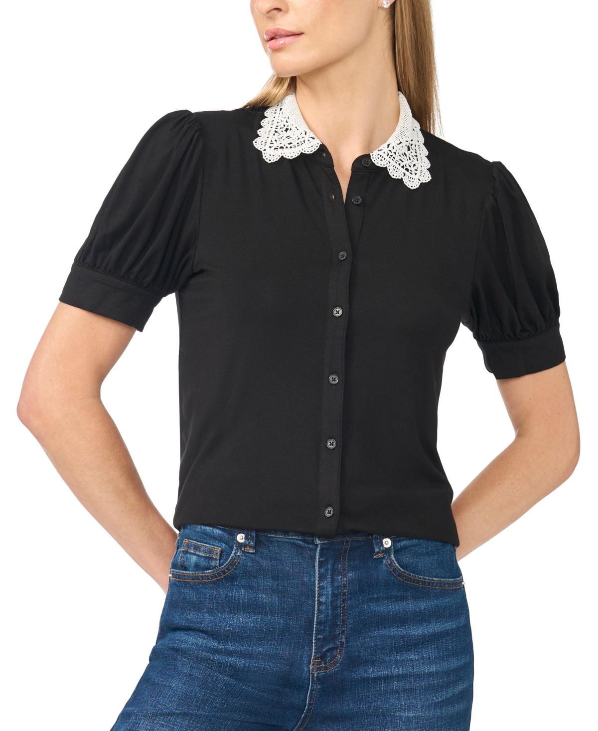 Click here for CeCe Womens Scallop-Trim Collared Short-Sleeve But... prices