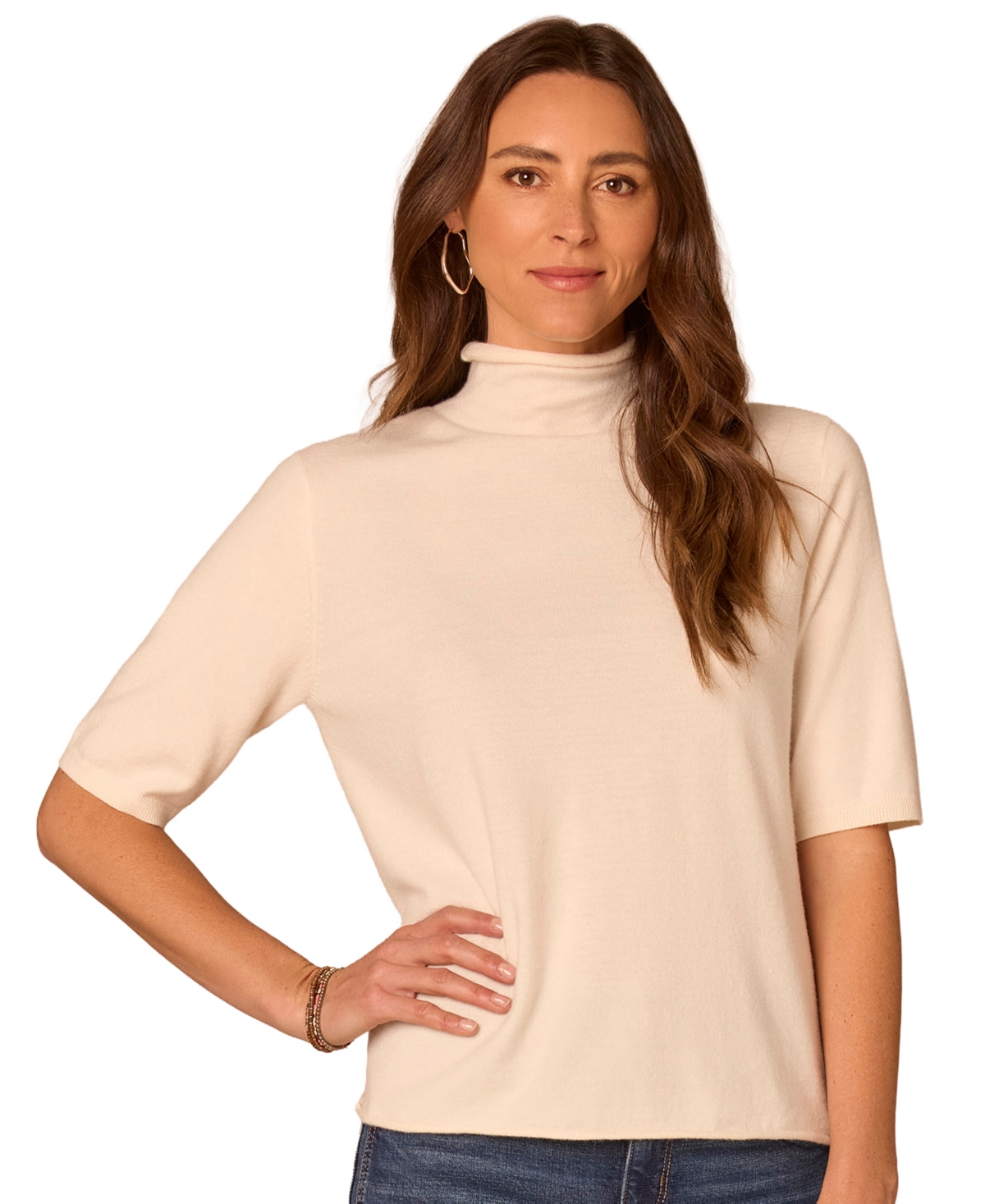 Click here for Democracy Petite Draped Mock-Neck Short-Sleeve Swe... prices