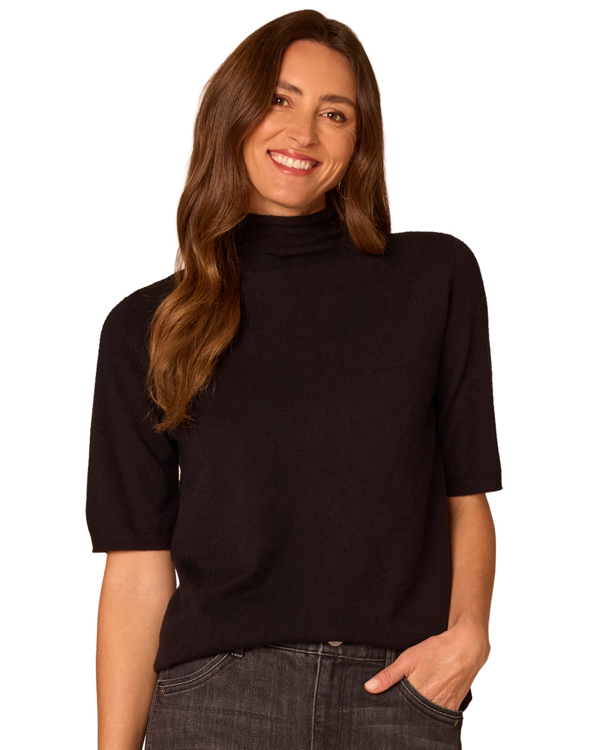 Click here for Democracy Petite Draped Mock-Neck Short-Sleeve Swe... prices