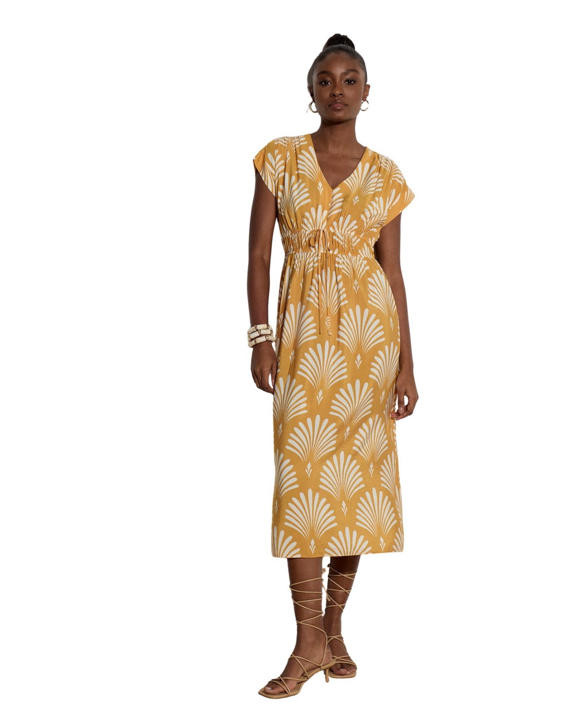 Click here for Apricot Womens Palm Geo Smock Waist Dress - Mustar... prices