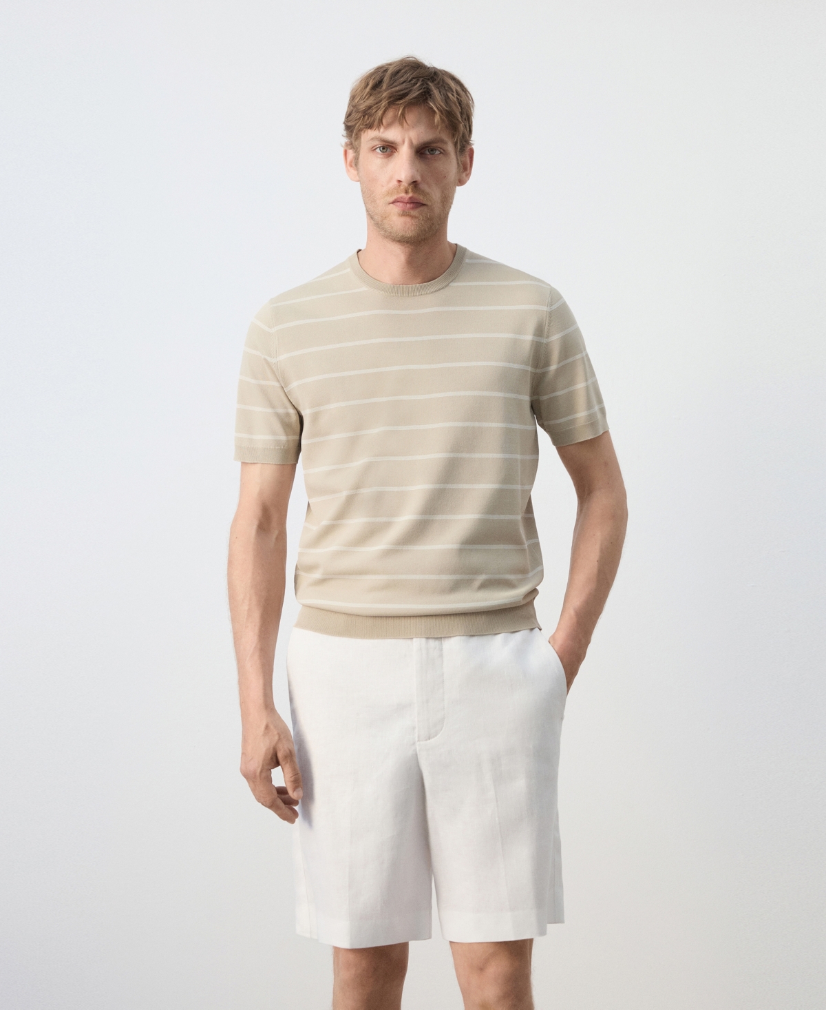 Click here for Mango Mens Striped Jersey T-Shirt - Sand prices
