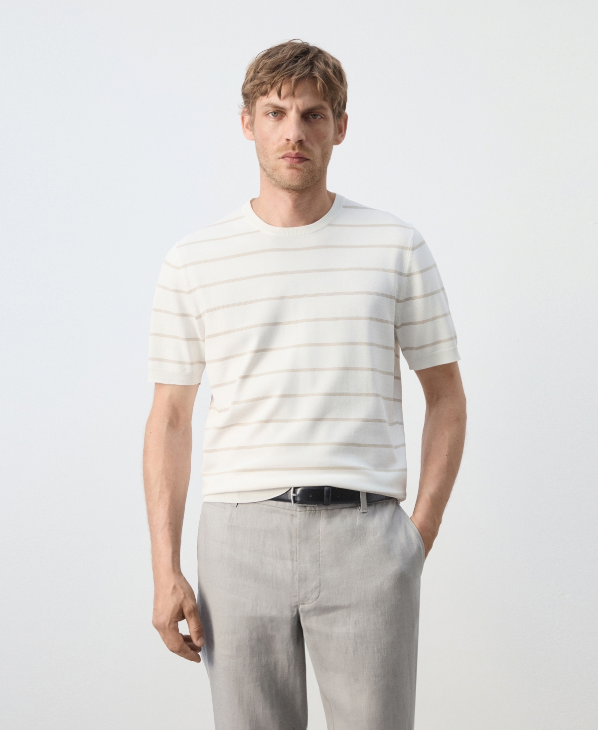 Click here for Mango Mens Striped Jersey T-Shirt - Off White prices