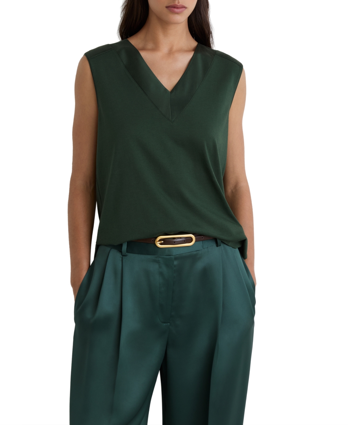 Click here for Reiss Womens Silk-Trim V-Neck Top - Teal Green prices