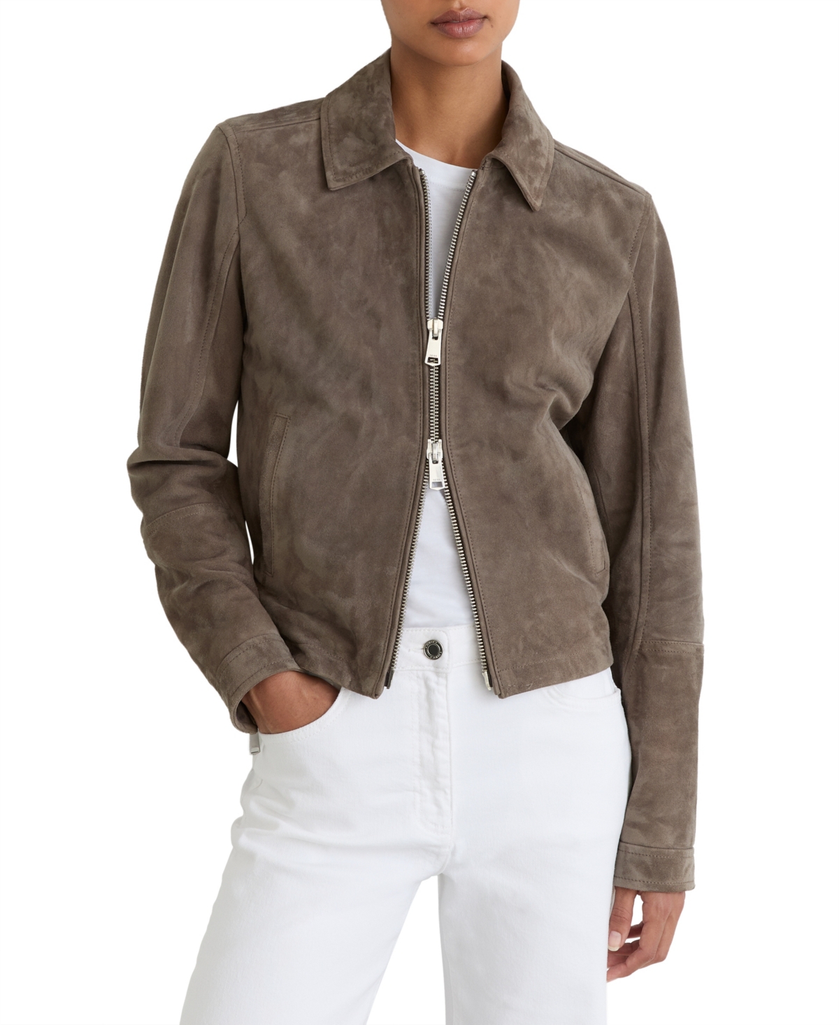 Click here for Reiss Womens Suede Zip-Through Moto Jacket - Gray prices