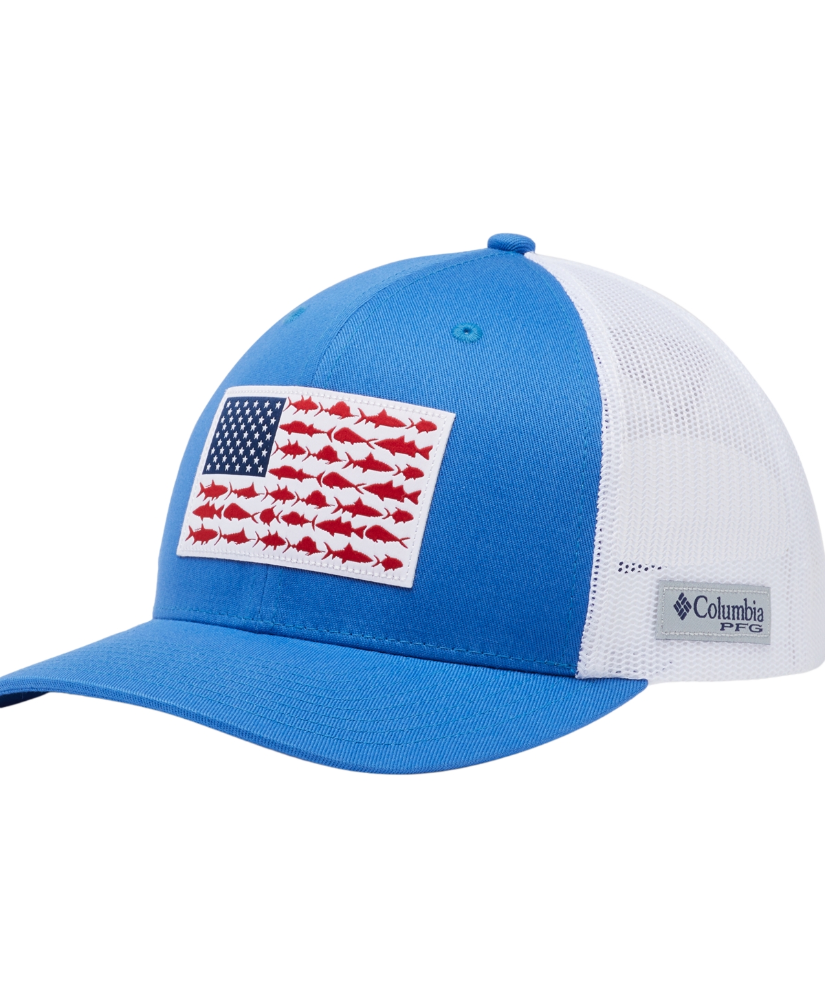 Click here for Mens Royal and White Pfg Fish Flag Coolmax Trucker... prices