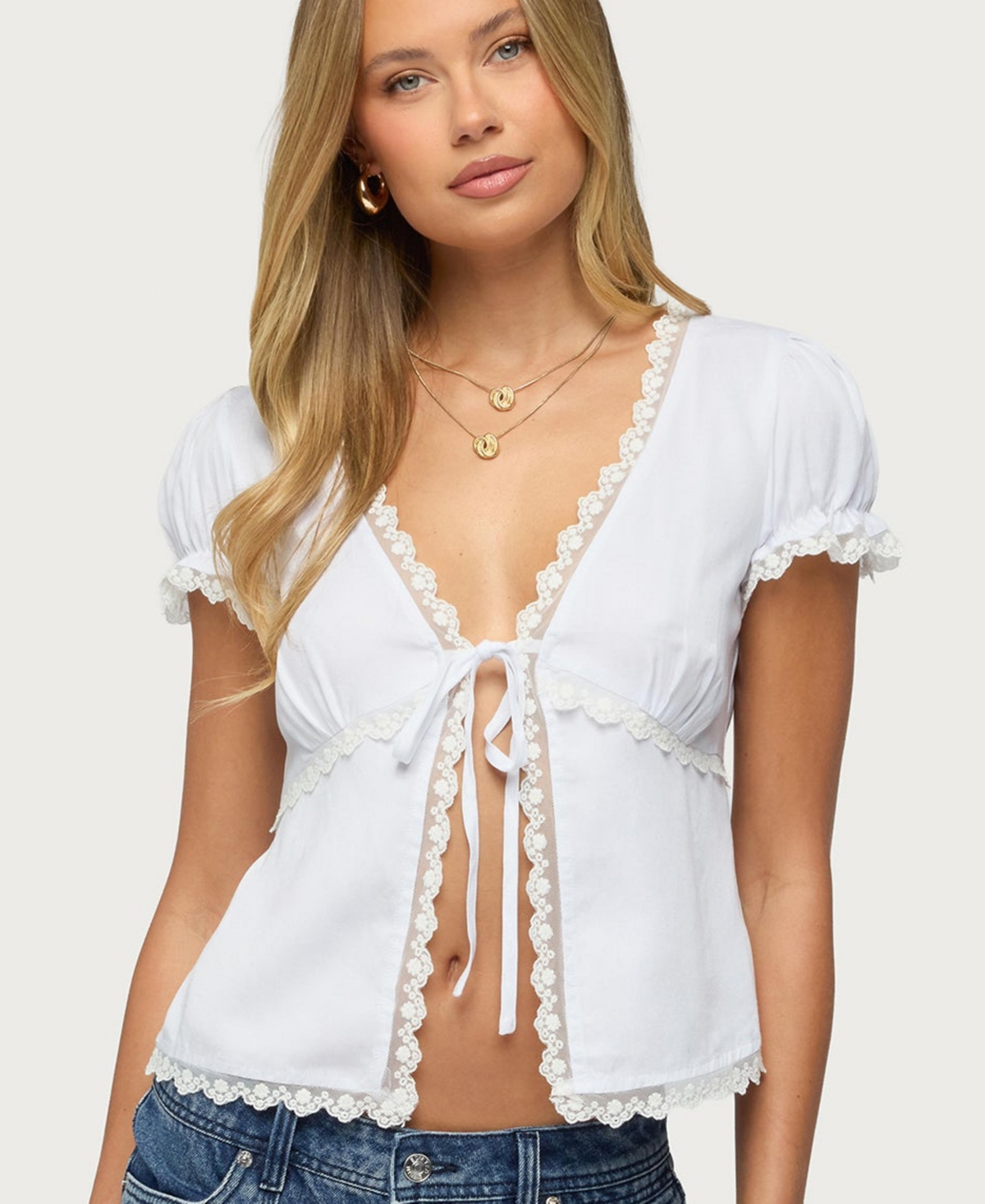 Click here for Edikted Womens Eman Lacey Short-Sleeve V-Neck Tie-... prices
