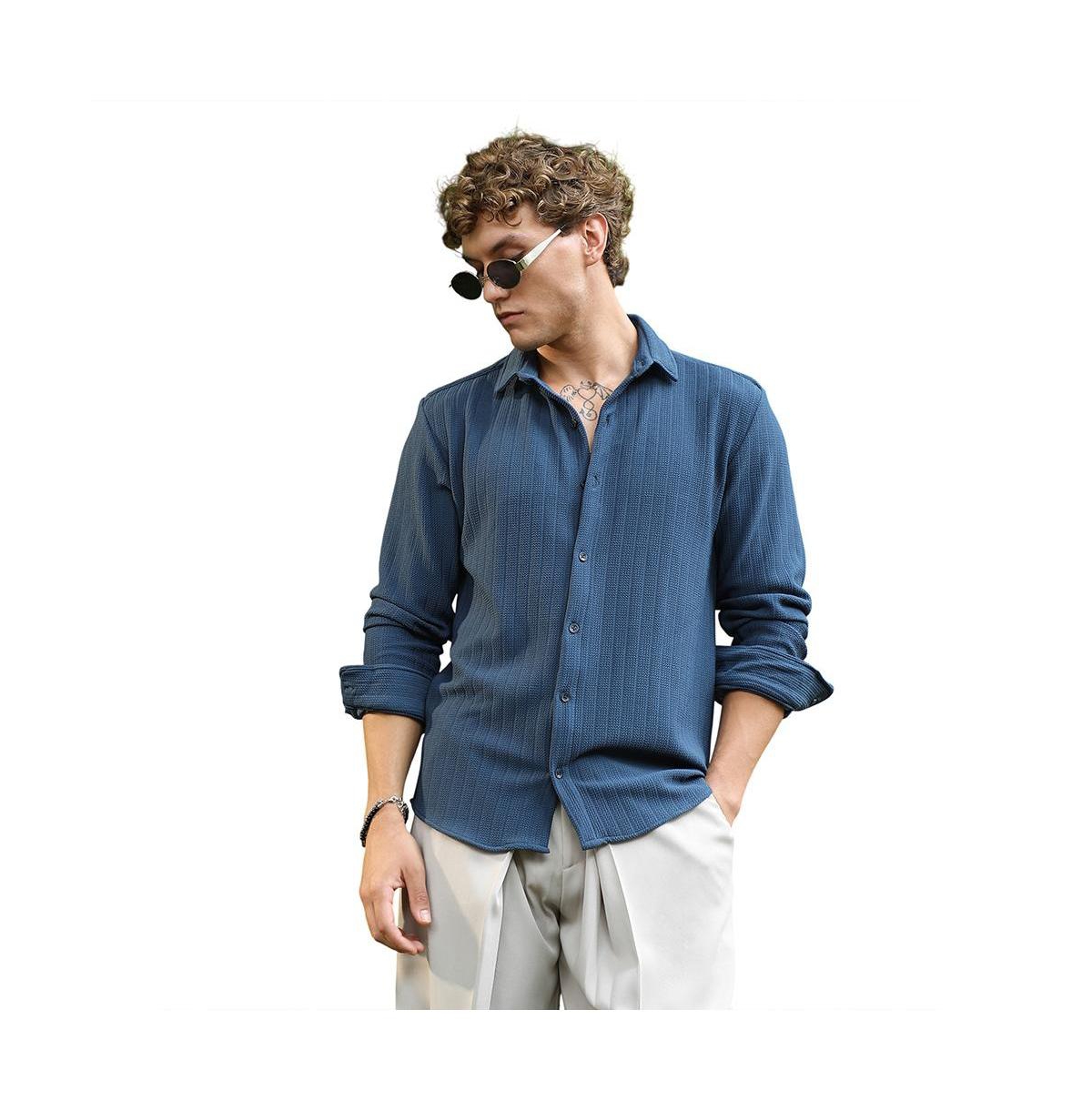 Click here for Campus Sutra Mens Chevron-Panel Tactile Shirt - Ae... prices