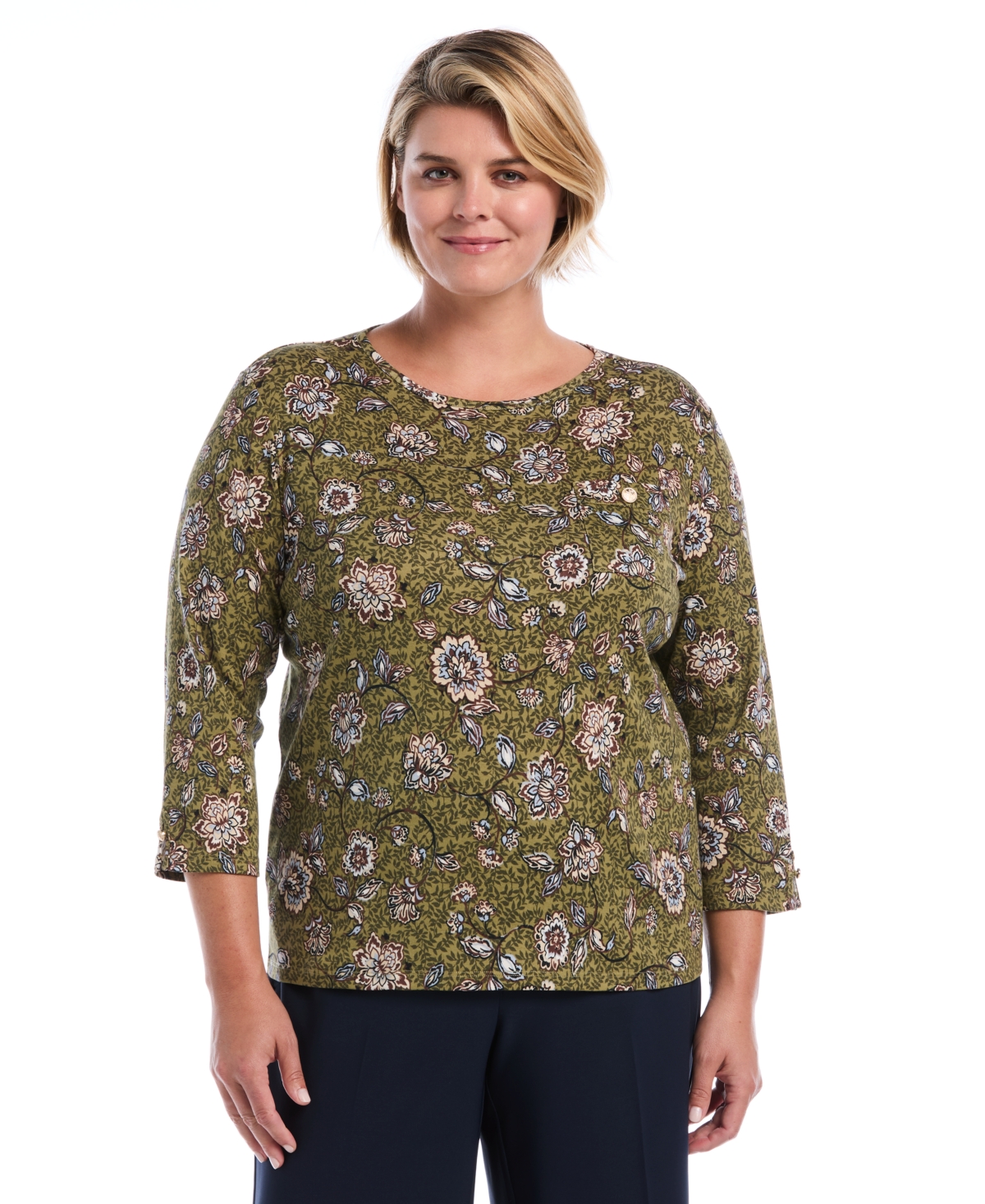 Click here for Rafaella Plus Size Floral-Print 3/4-Sleeve Cotton... prices
