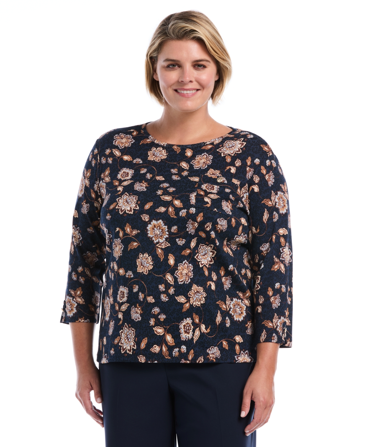 Click here for Rafaella Plus Size Floral-Print 3/4-Sleeve Cotton... prices