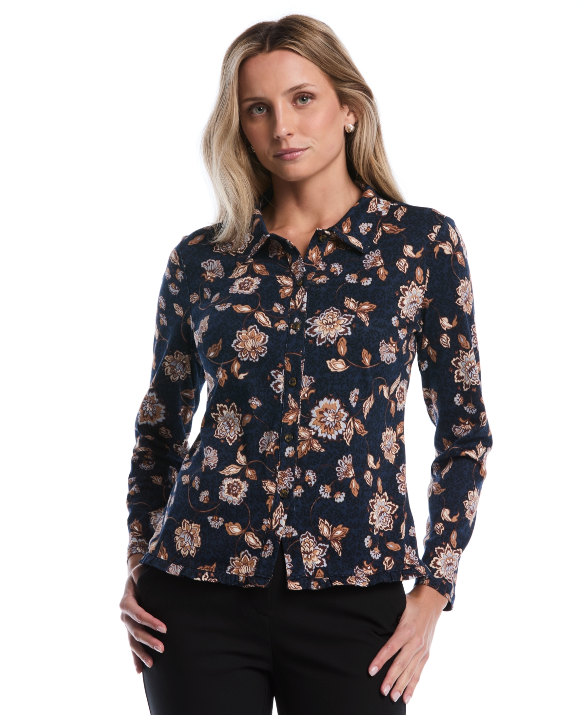Click here for Rafaella Petite Floral Ruffle-Trim Long-Sleeve Blo... prices