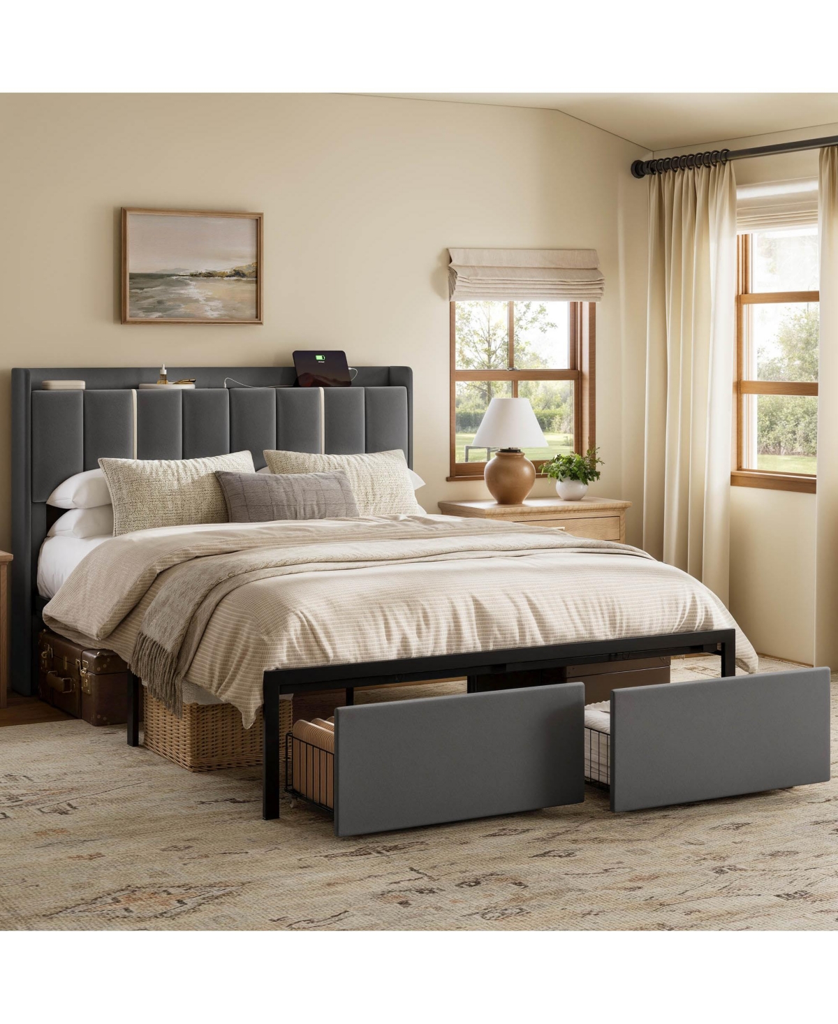 Hausource Upholstered Bed  Open Storage Headboard with Charging Ports  2 Bed Base Drawers  No Box Spring Needed