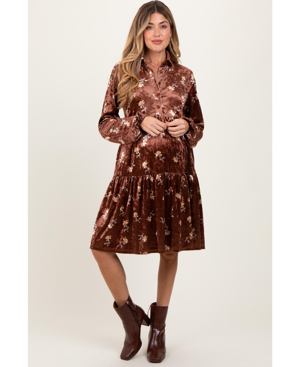 Click here for Pinkblush Womens Brown Floral Velvet Button Down M... prices