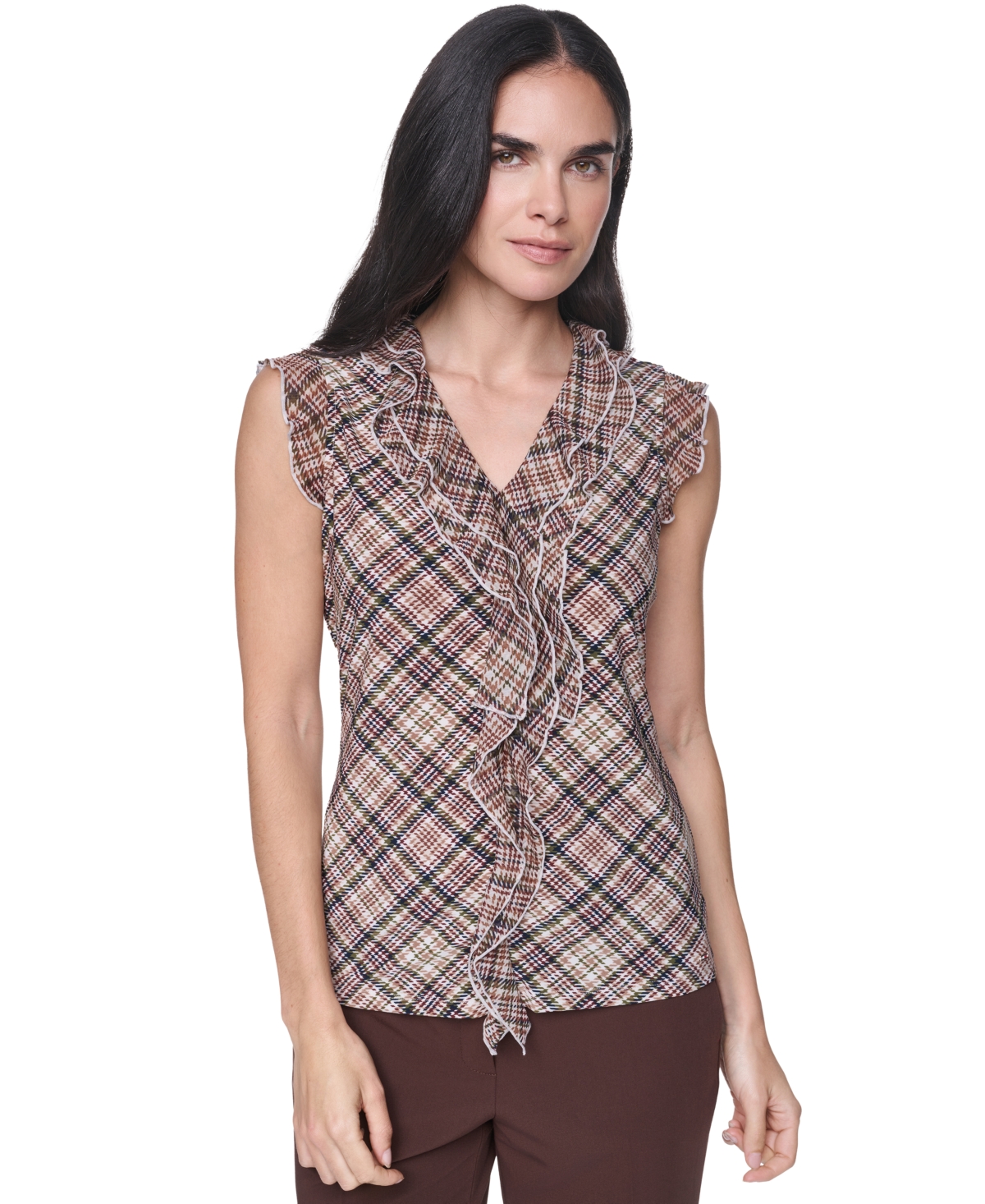 Click here for Tommy Hilfiger Womens V-Neck Plaid Ruffle Sleevele... prices
