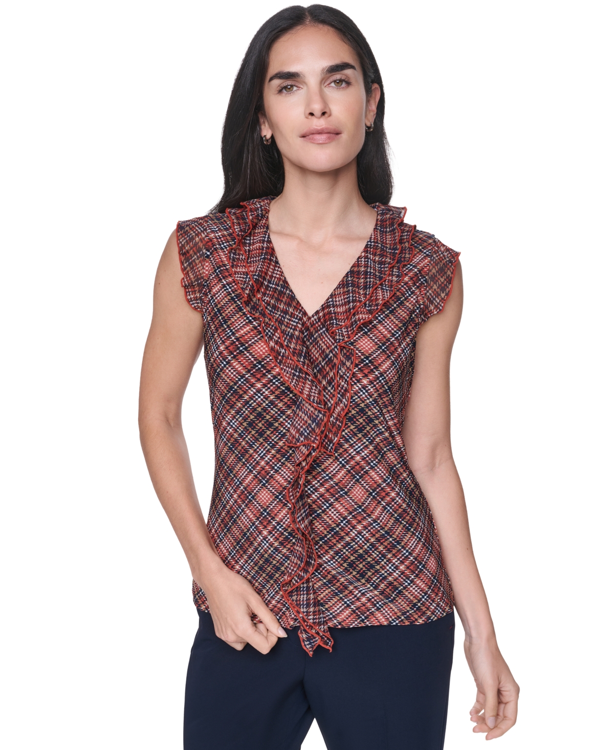 Click here for Tommy Hilfiger Womens V-Neck Plaid Ruffle Sleevele... prices