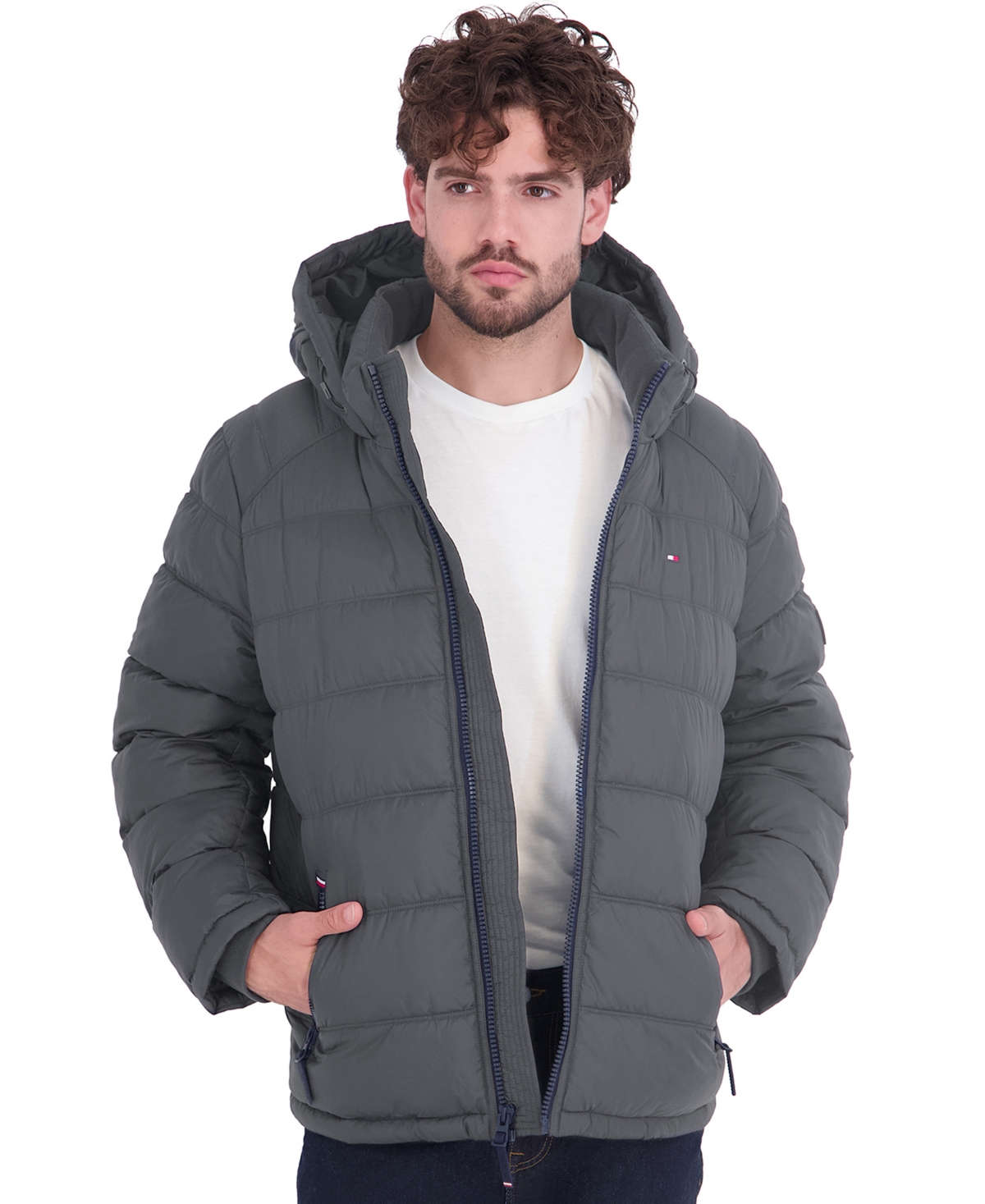 Click here for Tommy Hilfiger Mens Hooded Puffer Jacket - Charcoa... prices