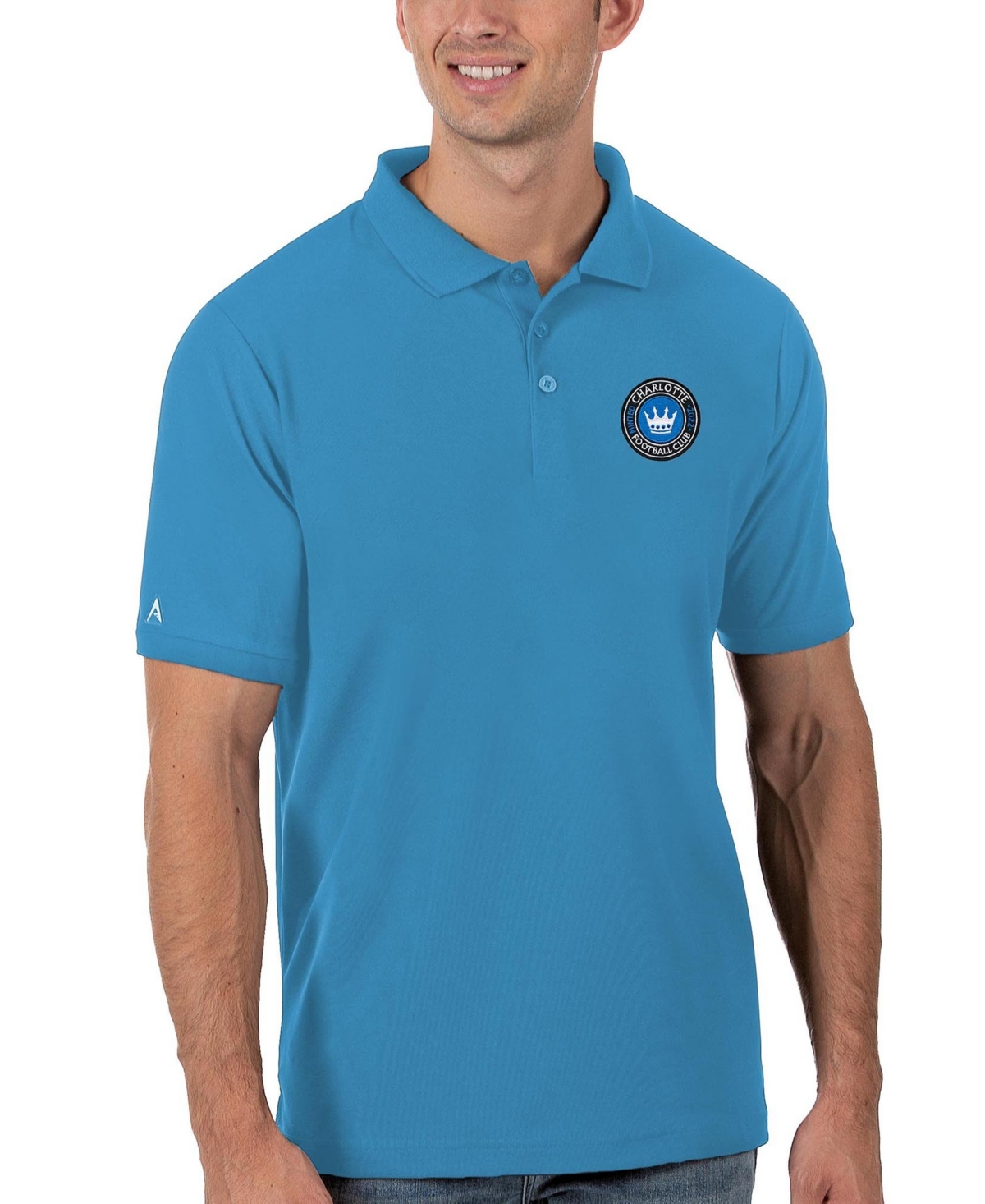 Click here for Antigua Mens Blue Charlotte Fc Legacy Pique Polo S... prices