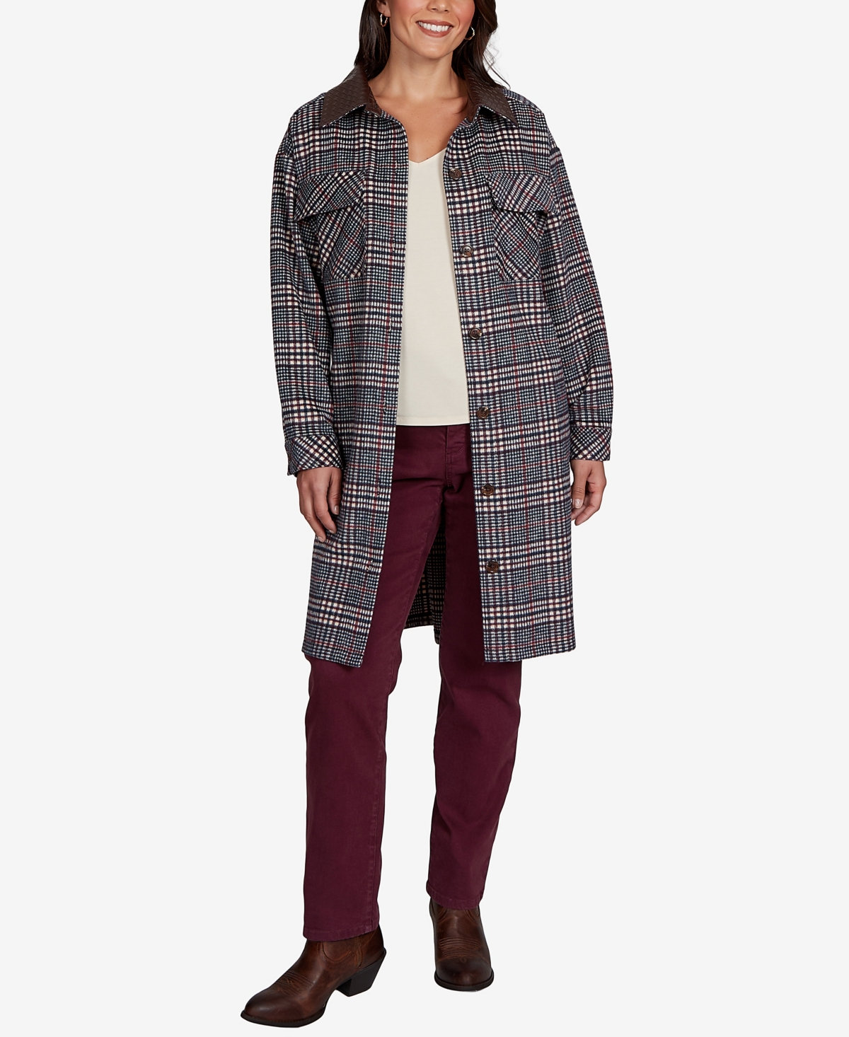 Click here for Ruby Rd. Petite Brushed Plaid Mid-Length Shirt Jac... prices