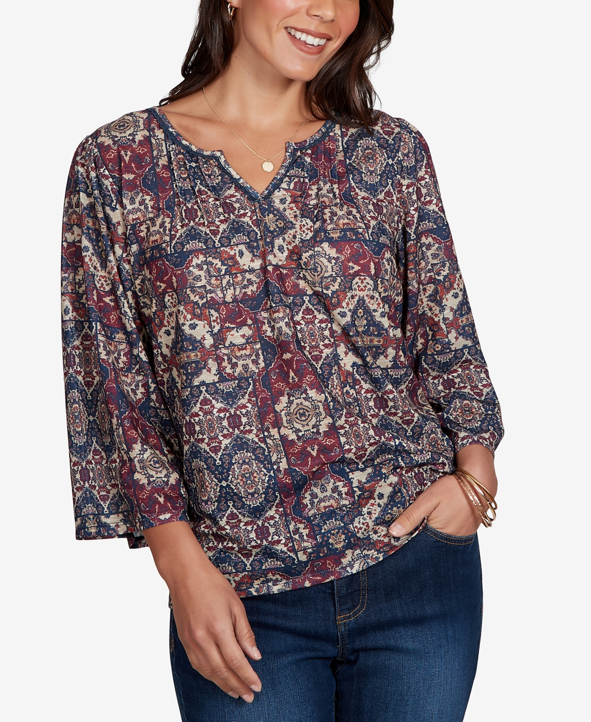 Click here for Ruby Rd. Petite Patchwork 3/4-Sleeve Henley Blouse... prices