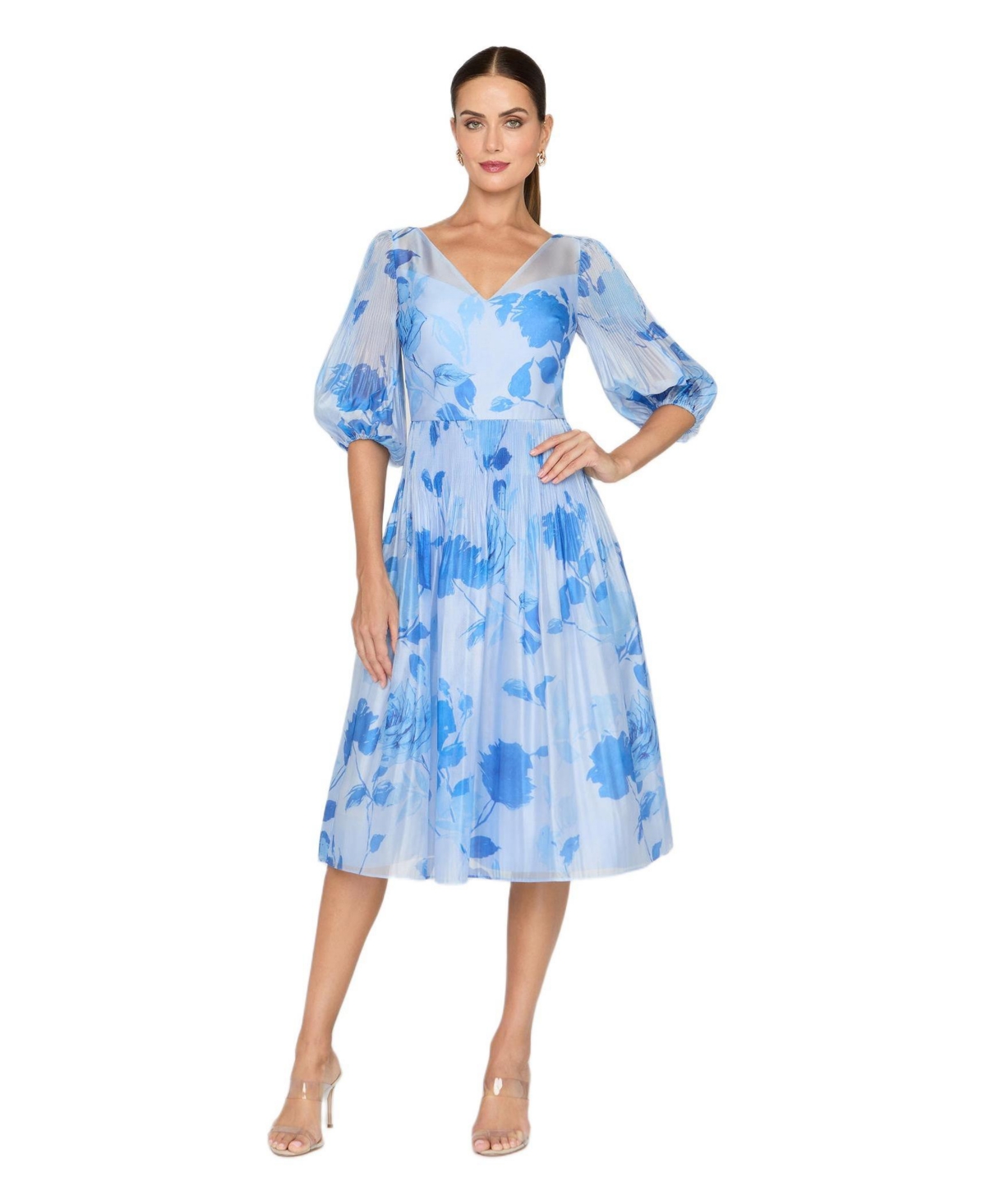 Click here for Kay Unger Womens Georgina Tea Length Dress - Azure prices