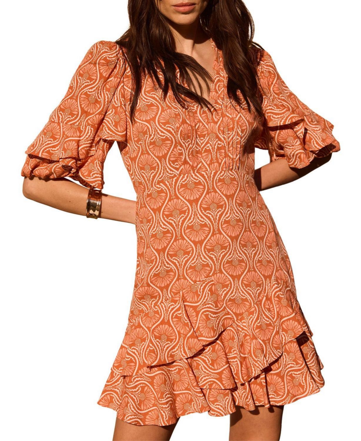 Click here for Mint Velvet Womens Printed Ruffle V-neck Mini Dres... prices