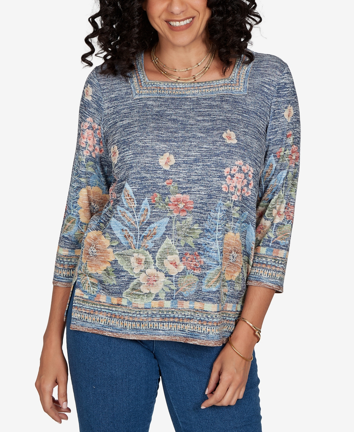 Click here for Alfred Dunner Womens Floral Square Neck 3/4-Sleeve... prices