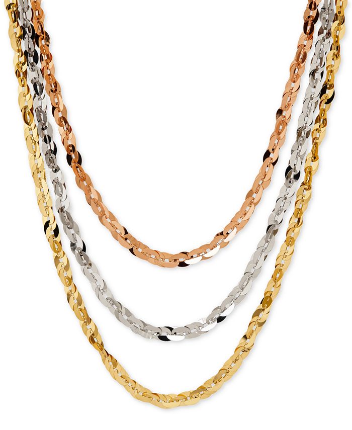 Italian Gold Tri-Tone Three Row Necklace in 14k Rose, White and Yellow ...